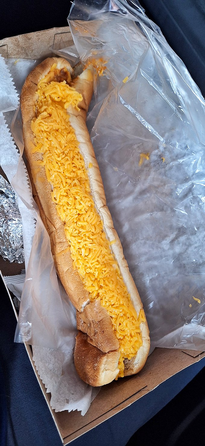 The footlong cheese dog – proof that sometimes more is exactly the right amount. This beauty demands a two-handed commitment and zero regrets.