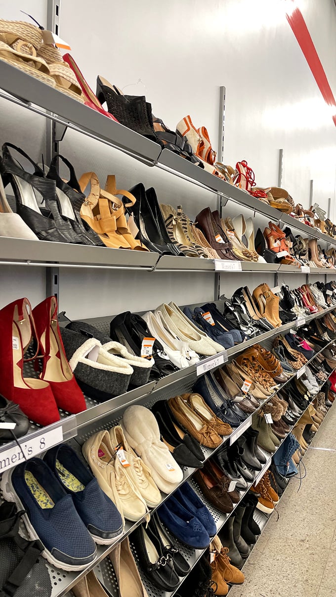 A shoe lover's paradise where every footwear fantasy—from practical flats to questionable fashion statements of decades past—finds temporary residence.