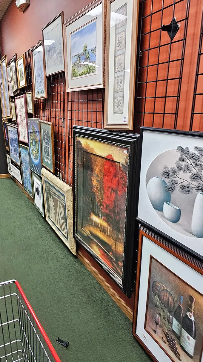 The art wall showcases everything from serene landscapes to quirky abstracts. Like a museum where you can actually take the exhibits home without security chasing you.