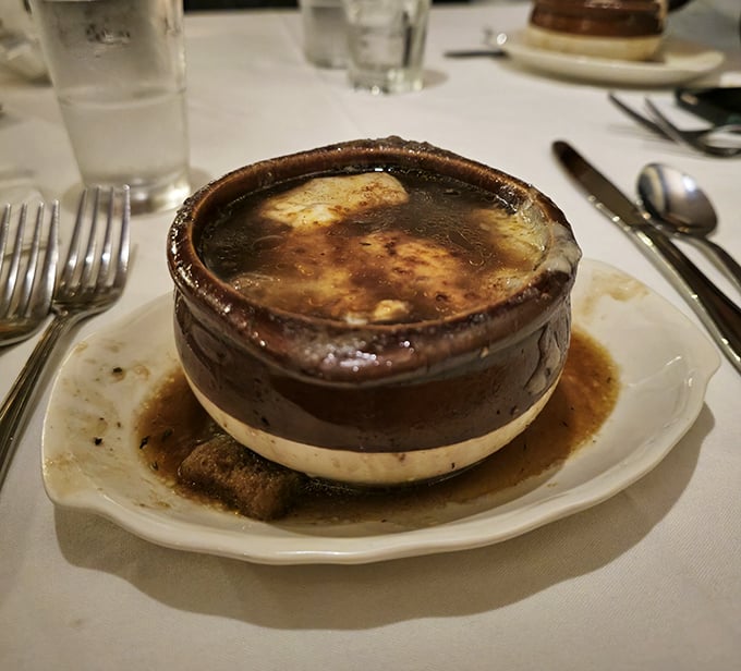 French onion soup that fights winter blues better than a Caribbean vacation—that cheese pull could win Olympic medals.