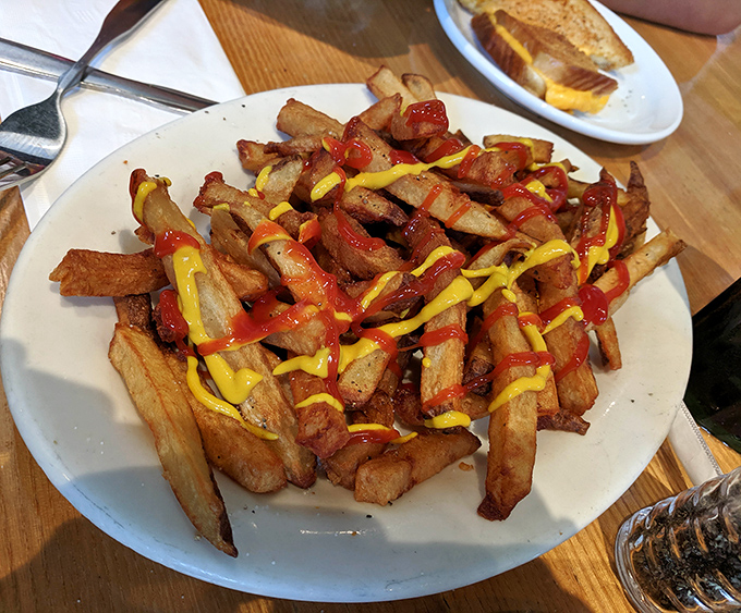 These aren't just fries—they're golden potato masterpieces, crispy on the outside, fluffy inside, with ketchup and mustard artfully applied.