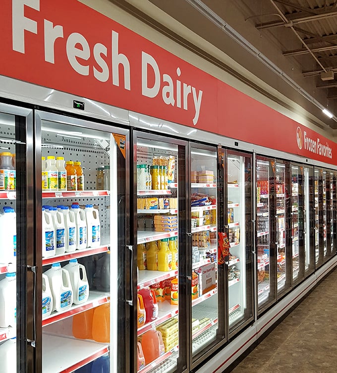 The Fresh Dairy section proves refrigeration doesn't have to be a luxury. Essential nutrition lined up behind glass like museum pieces.