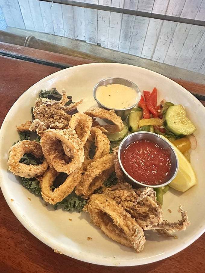 Fried calamari that defies the rubbery reputation of lesser versions – light, crisp, and tender enough to convert even the most skeptical seafood skeptics.