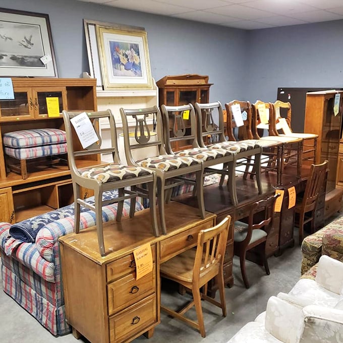 Furniture row—where mid-century meets country cottage meets "that's so ugly it's actually perfect for my guest room" in harmonious discord.