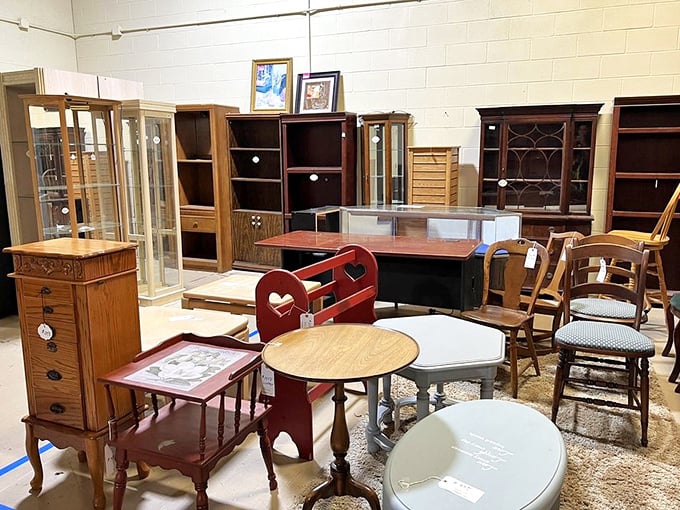 Mid-century meets Victorian meets farmhouse in this furniture section. That heart-backed chair is practically begging to come home with you.