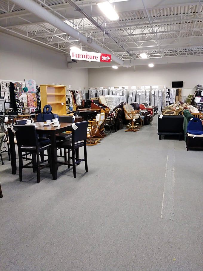 The furniture section—where dining tables with stories to tell wait patiently for their next chapter in someone else's home.
