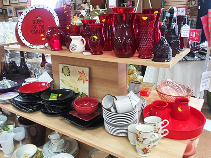 Ruby red glassware catches the light like liquid garnets. Grandma's dining table never looked so good without breaking the bank.
