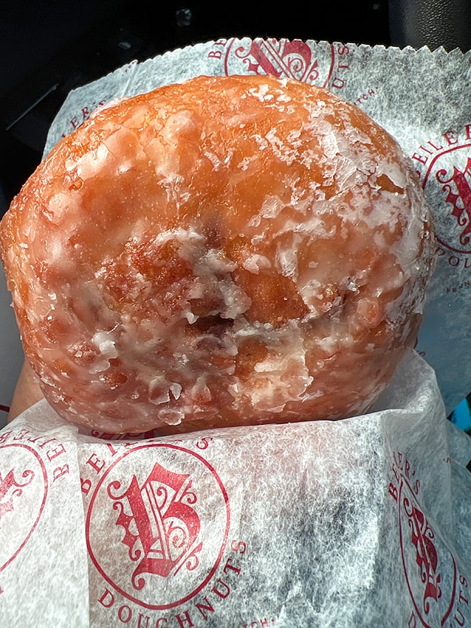 Sunlight catches this glazed donut like a diamond, its sheen promising the perfect sweet-to-dough ratio inside.