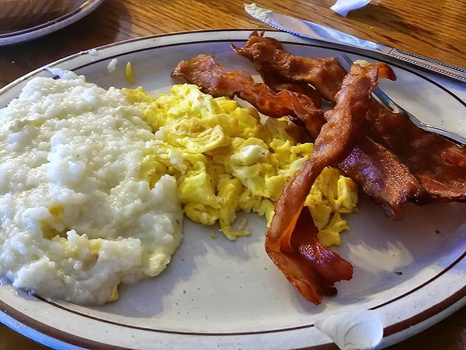Creamy grits, perfectly cooked eggs, and bacon with just the right balance of crisp and chew—the holy trinity of Southern breakfast.