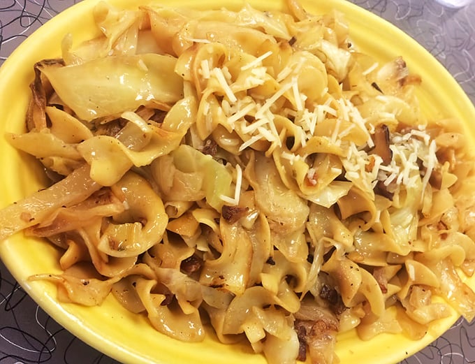 Haluski that would make Pittsburgh grandmothers nod in approval—buttery cabbage and noodles topped with a sprinkle of cheese.