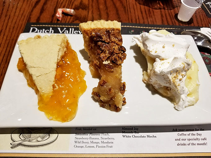 The pie sampler plate—where indecision becomes a virtue. Three distinct personalities sharing one plate, like a dessert version of "The Three Tenors."