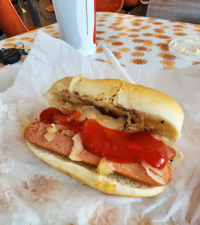 The hot dog comes dressed for success with sauerkraut and ketchup—proof that simple pleasures are often the most satisfying.