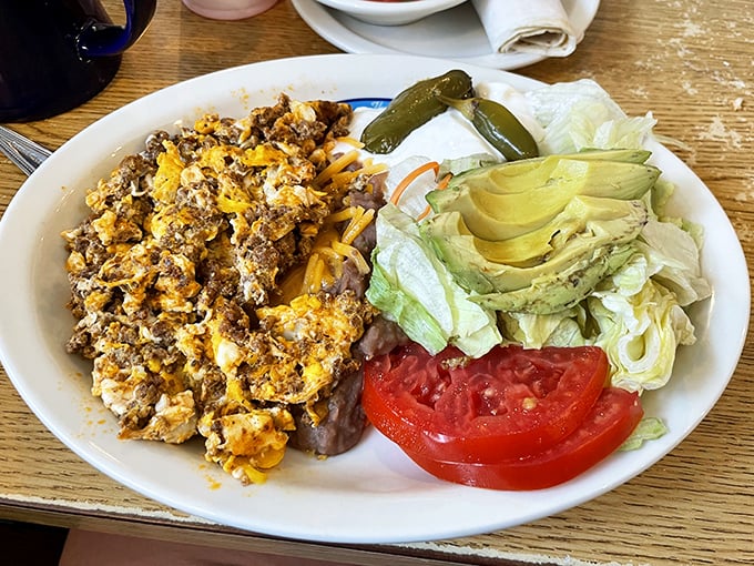 Huevos con chorizo that doesn't need a passport to deliver authentic flavor, served with the Florida sunshine bonus of fresh avocado.