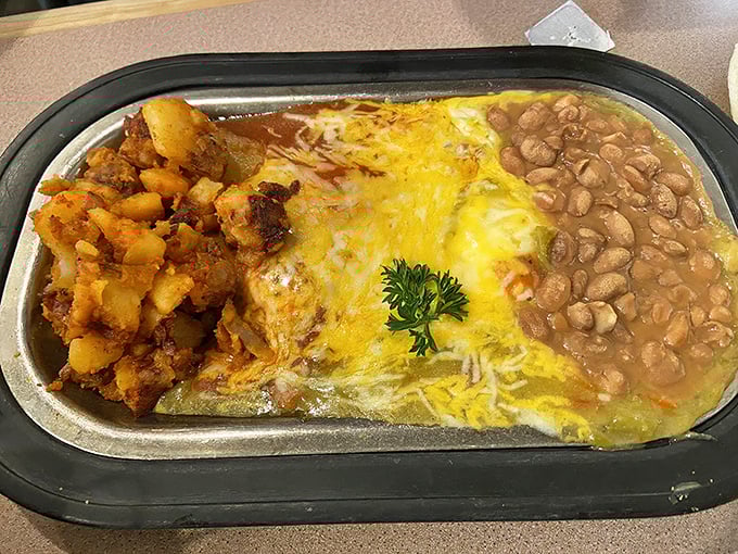 Huevos rancheros: where breakfast meets art meets therapy. That pool of beans isn't just delicious—it's making a philosophical statement about abundance.