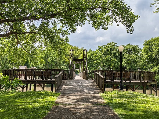 Humiston-Riverside Park's swinging bridge invites you to channel your inner Indiana Jones, minus the peril, plus the picturesque river views.