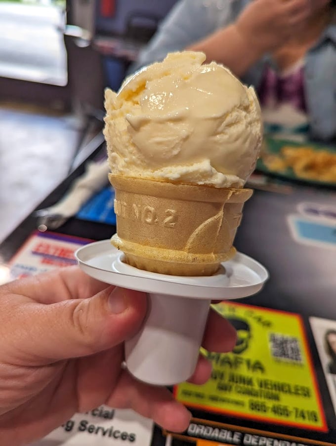 Ice cream served in an edible vessel—because why dirty a dish when you can eat the container? Vanilla never looked so tempting in its waffle cone throne.