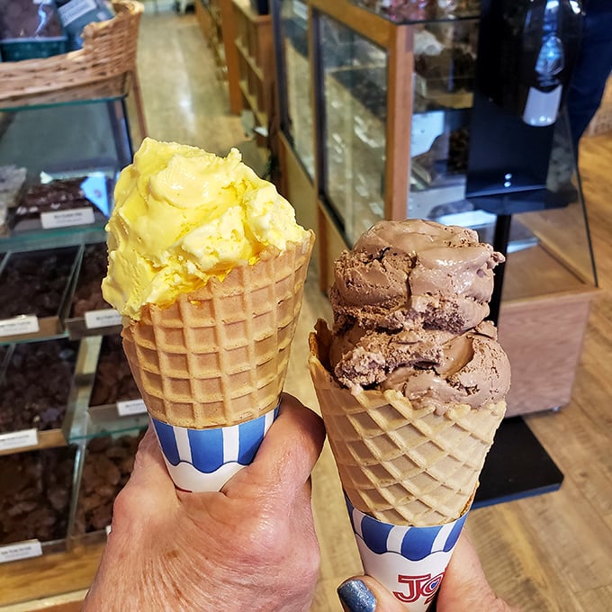 Waffle cones filled with scoops bigger than your childhood dreams. One yellow, one chocolate—a study in contrasts that somehow both lead to the same joy.
