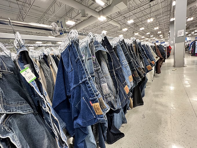 Denim heaven! Every shade of blue telling different stories – from "barely worn" to "lived an entire life" in these legendary pants.