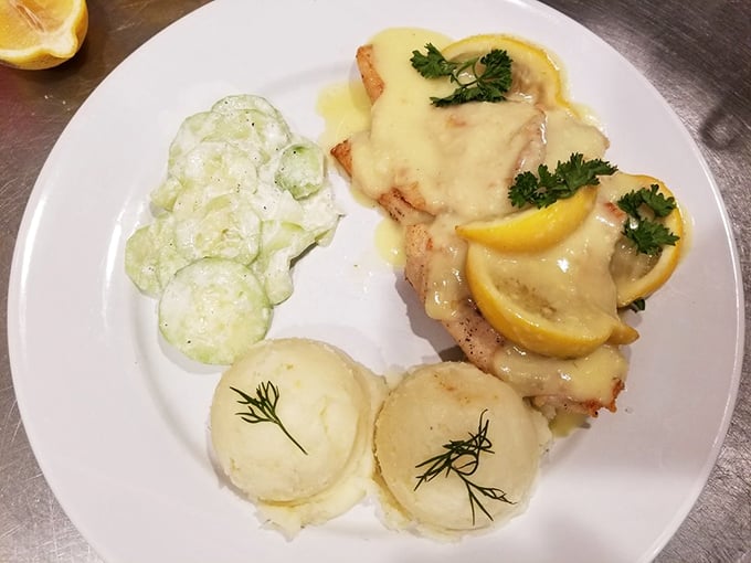 Chicken bathed in lemony sauce with perfectly formed mashed potatoes—proof that Polish cuisine isn't all about heaviness, but balance and brightness too.