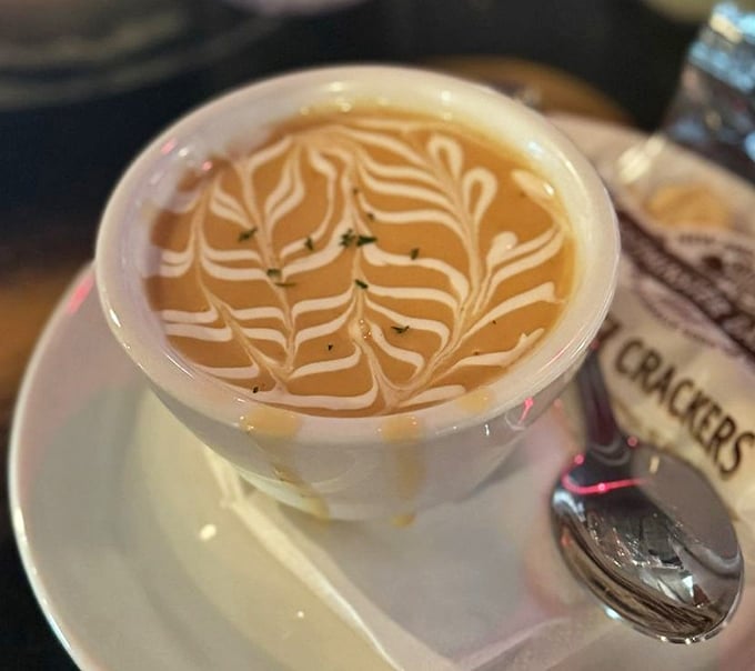 Lobster bisque with artistic cream swirls that would make baristas jealous – comfort in a cup with maritime credentials.
