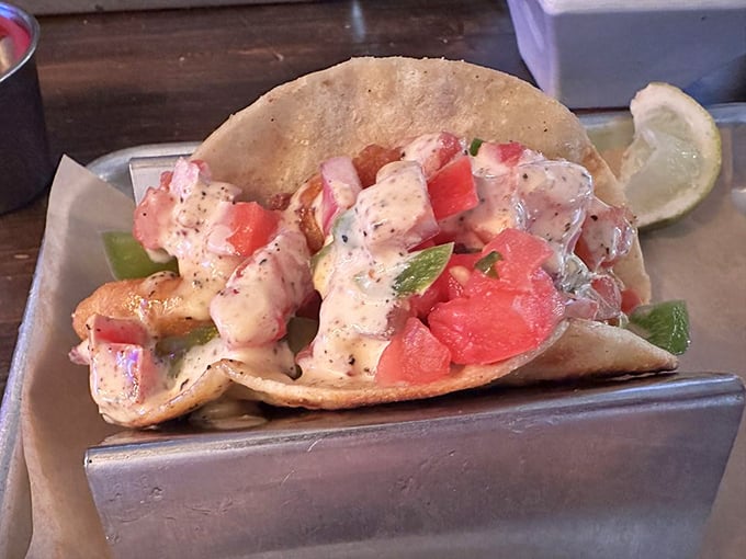Fresh seafood tacos served in metal holders—because when something tastes this good, it deserves a proper throne.