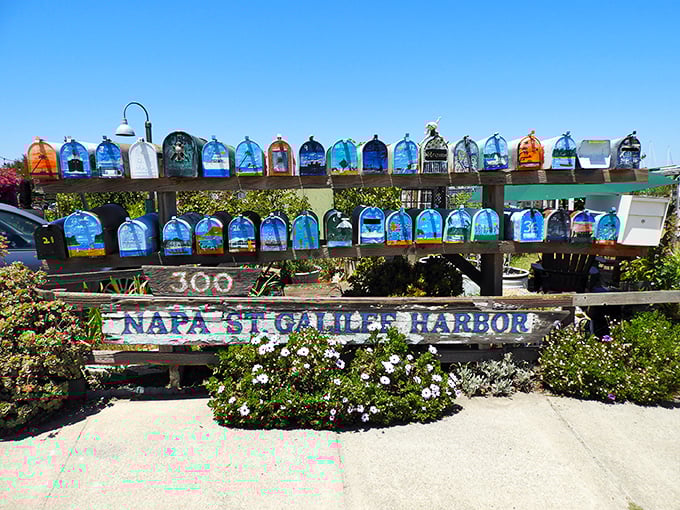 These whimsical mailboxes at Napa St. Galilee Harbor aren't just functional—they're floating neighborhood art, each one a tiny canvas of maritime creativity.