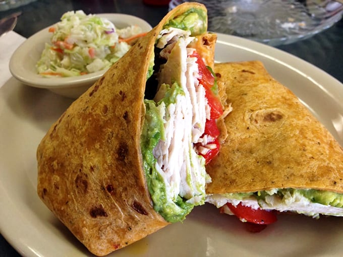 A Mediterranean wrap that proves Ramona Cafe isn't just about indulgence—though that generous filling suggests otherwise.