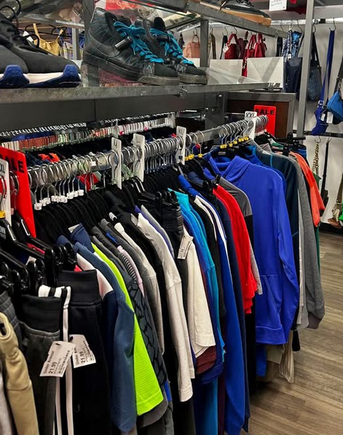 The men's section rivals any department store in variety, minus the sticker shock. Color-coded organization makes finding your style painlessly efficient.