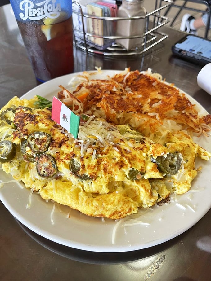 The Mexican omelet proudly waves its flag, announcing itself as the United Nations of breakfast – bringing cultures together one delicious bite at a time.