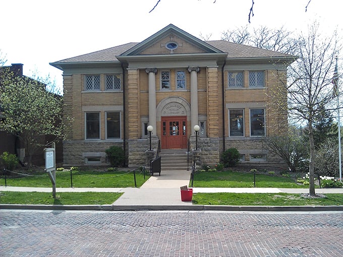 The Mount Carroll Public Library combines classical architecture with small-town charm—a place where books still matter and librarians know your name.