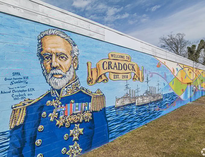 This vibrant mural celebrating Cradock's maritime heritage is part of Portsmouth's commitment to public art that tells the community's story without admission fees.