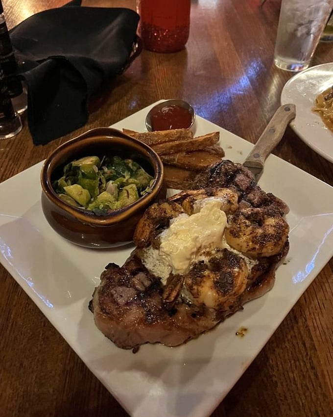 When your steak arrives topped with butter-poached shrimp and served alongside Brussels sprouts, you know you've made excellent life choices.