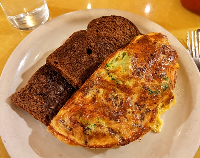 This isn't just an omelet—it's a perfectly executed egg envelope delivering cheesy, veggie goodness alongside hearty slices of dark toast.