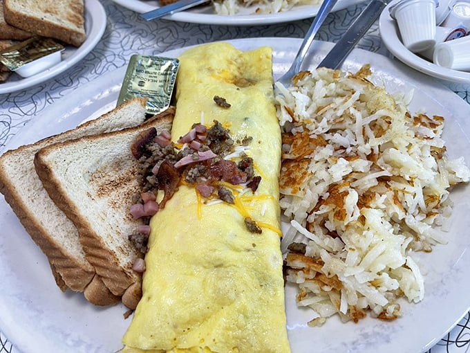 That omelet could feed a small family, folded over ham and cheese with hash browns crisped to perfection—breakfast doesn't get more beautiful than this.
