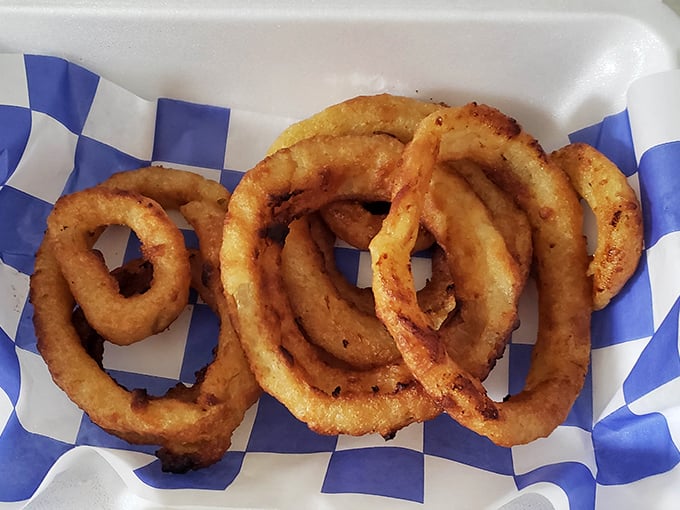 Golden, crispy onion rings that crackle with each bite—the perfect sidekick to any sandwich adventure.