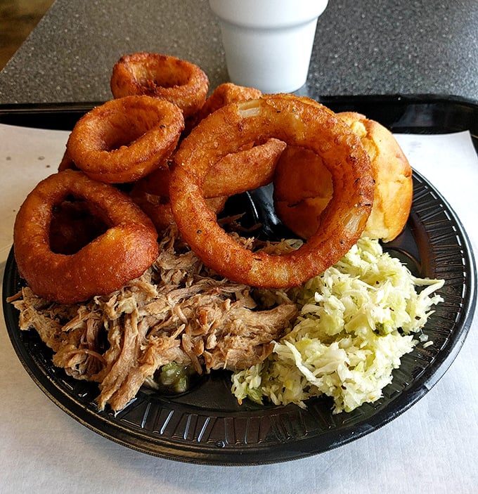 Onion rings that achieve that perfect golden crunch, keeping company with pulled pork and slaw. A plate that hits all the right notes—smoky, crunchy, tangy, and tender.