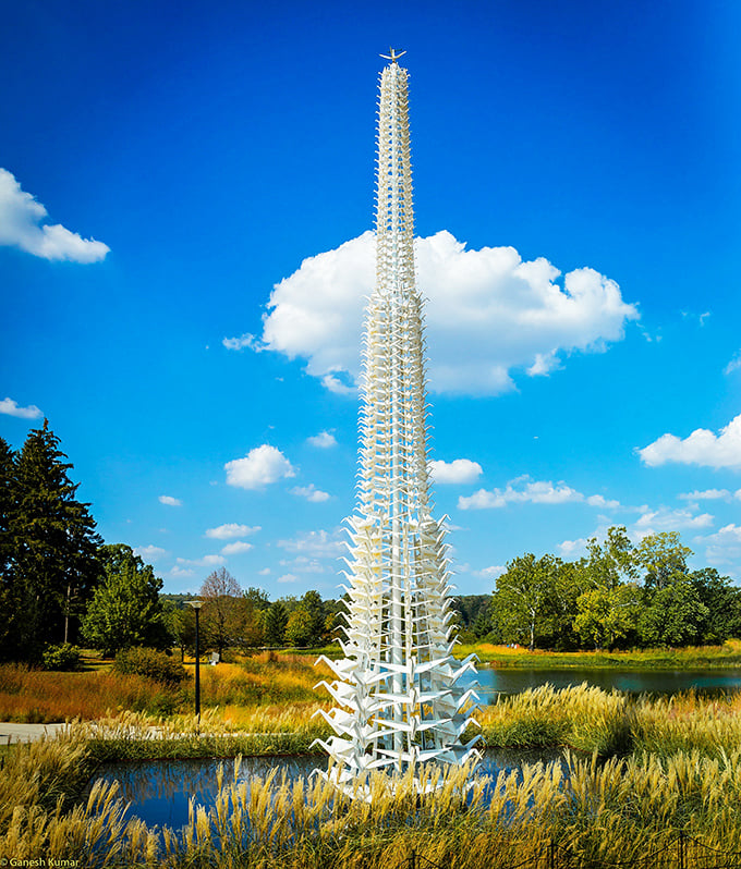Reaching skyward like Jack's beanstalk reimagined by a modernist architect, this white spire creates a stunning focal point against Illinois blue skies.
