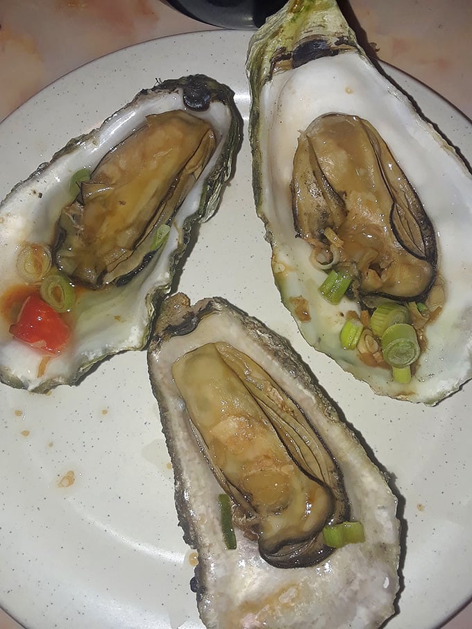 These oysters aren't just served, they're presented—plump, briny treasures nestled in their shells with delicate garnishes that show someone in the kitchen cares.