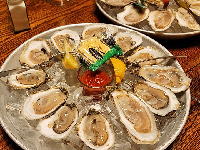 Fresh oysters in Ohio? Believe it. These briny beauties arrive on ice with classic accompaniments, proving good seafood knows no geographical boundaries.