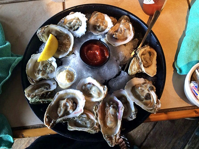 A dozen oysters arranged like a clock, suggesting it's always time for something fresh from the sea.