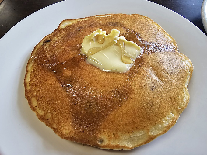 Behold the pancake in its natural habitat—golden, fluffy, and adorned with a melting pat of butter that's creating its own little syrup river.