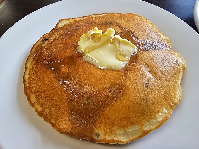 Behold the pancake in its natural habitat—golden, fluffy, and adorned with a melting pat of butter that's creating its own little syrup river.