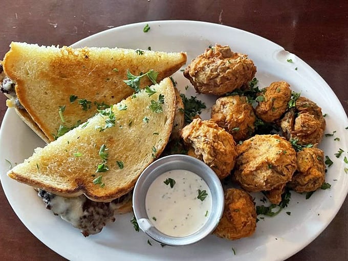 Comfort food gets dressed up for a night out – a hearty sandwich with perfectly golden fried mushrooms that would make any grandmother proud.