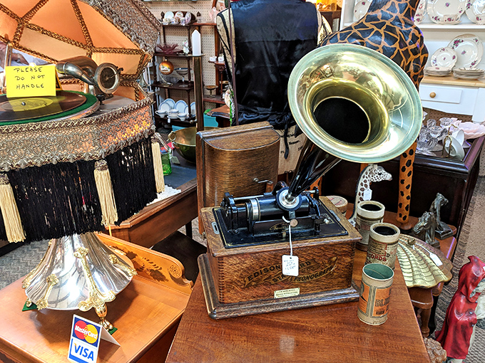 That Edison phonograph isn't just playing music—it's spinning stories from another century, brass horn amplifying ghosts of melodies past.