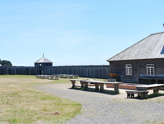 Picnic tables with a side of history—these wooden benches have hosted countless sandwiches with spectacular views of Fort Ross's stockade walls.