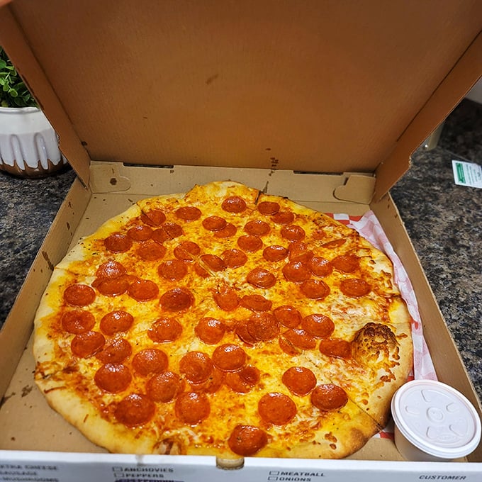 Pizza perfection doesn't need fancy frills—just perfectly placed pepperoni creating a polka dot pattern of pure joy.