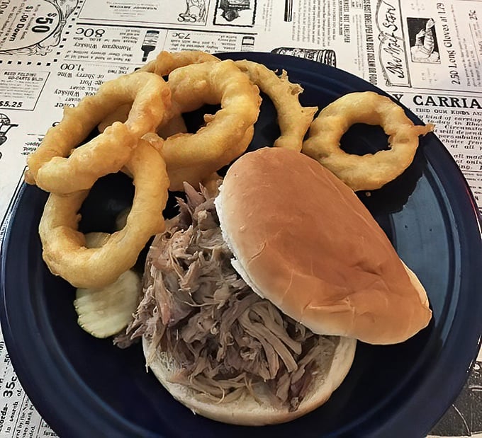 The pulled pork sandwich with onion rings—a partnership more perfect than peanut butter and jelly, or Batman and Robin.