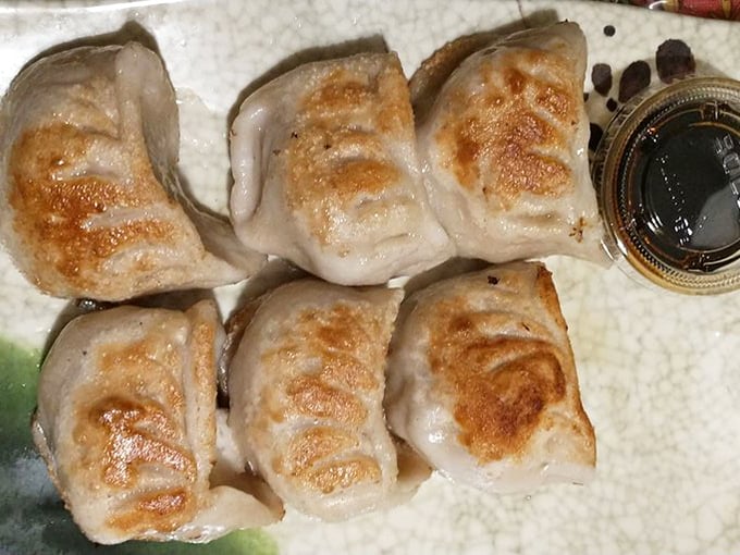 Pot stickers with that perfect sear—crispy bottoms, tender tops. Like the mullet haircut of dumplings, but infinitely more appealing.