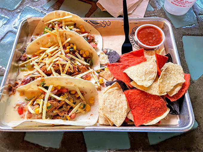 Tacos that make you question every other taco you've ever eaten. The colorful chips aren't just garnish—they're essential supporting characters.