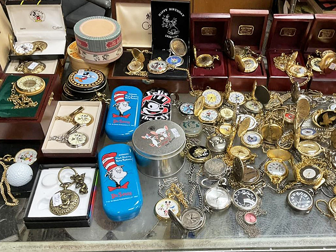 Time literally stands still in this glittering display of pocket watches and Dr. Seuss collectibles – nostalgia in both mechanical and whimsical forms.